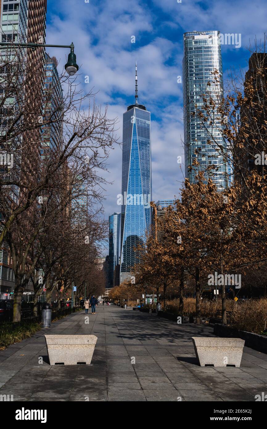 View of the One World Trade Center from a walking path in the Financial ...