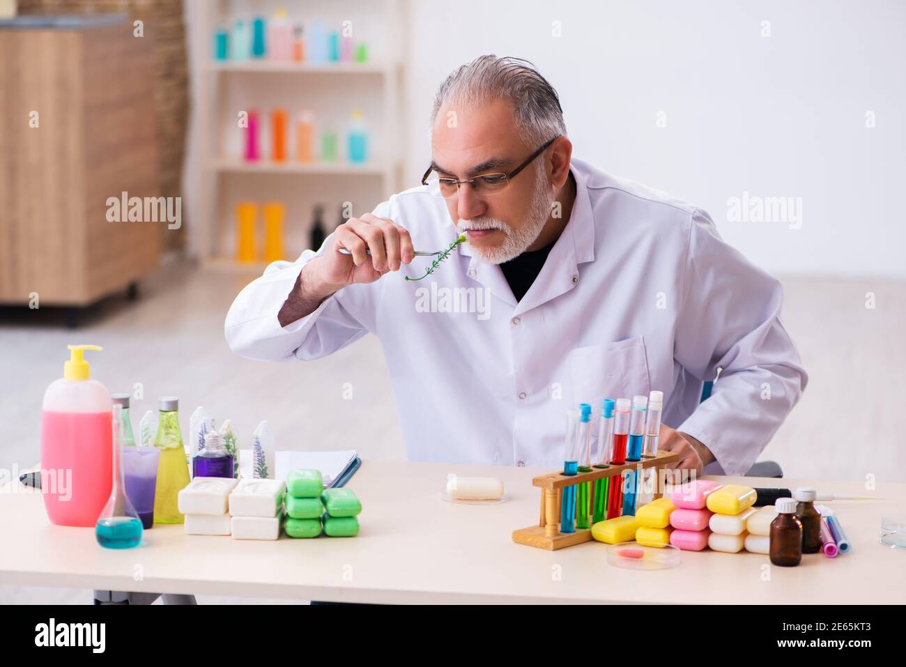 Old chemist testing soap in the lab Stock Photo - Alamy