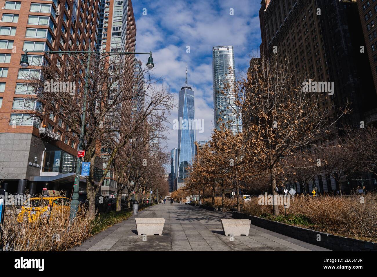 View of the One World Trade Center from a walking path in the Financial ...