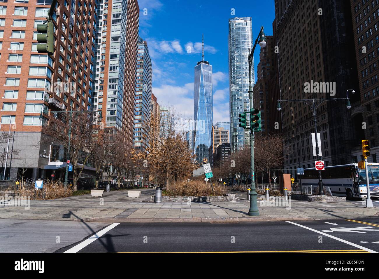 The One World Trade Center in the distance, with streets and other ...