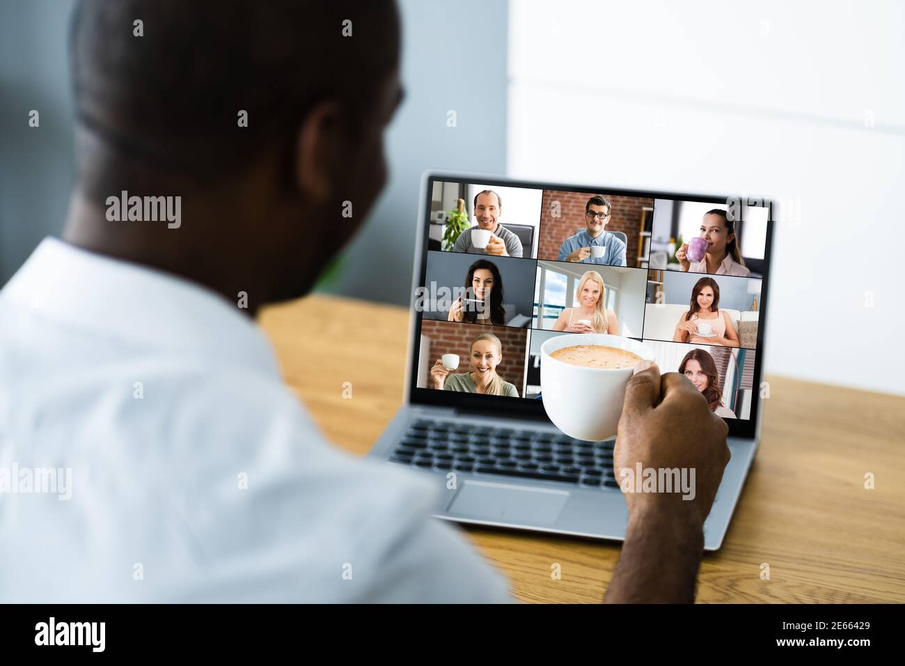 Virtual Video Conference Call Coffee Drinking Break Stock Photo - Alamy