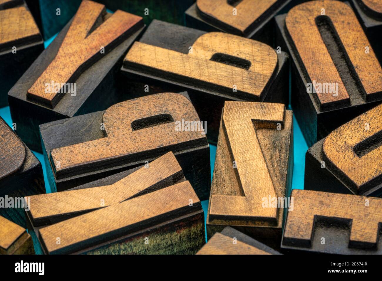 random letters of alphabet - vintage letterpress wood type against ...