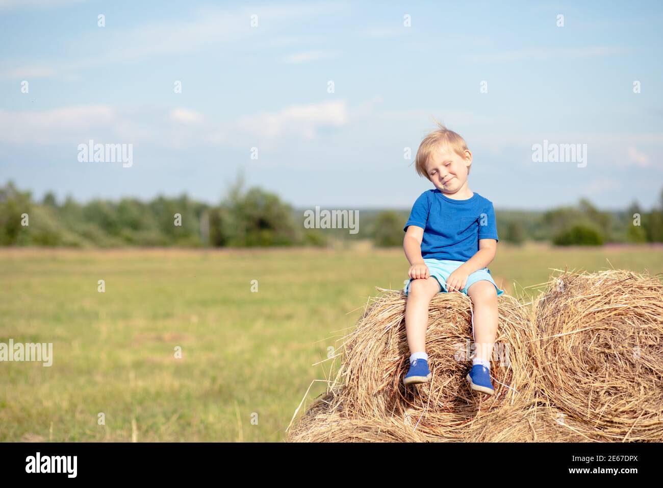 Child boy sit on haystack in field Stock Photo - Alamy