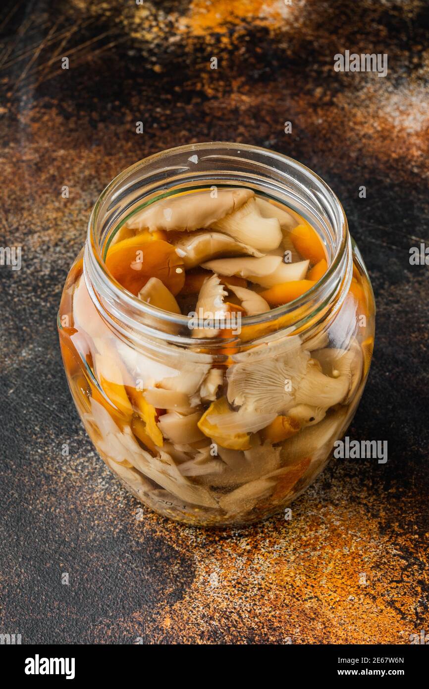 Fermented food: Mushroom preservation set, on old dark rustic ...