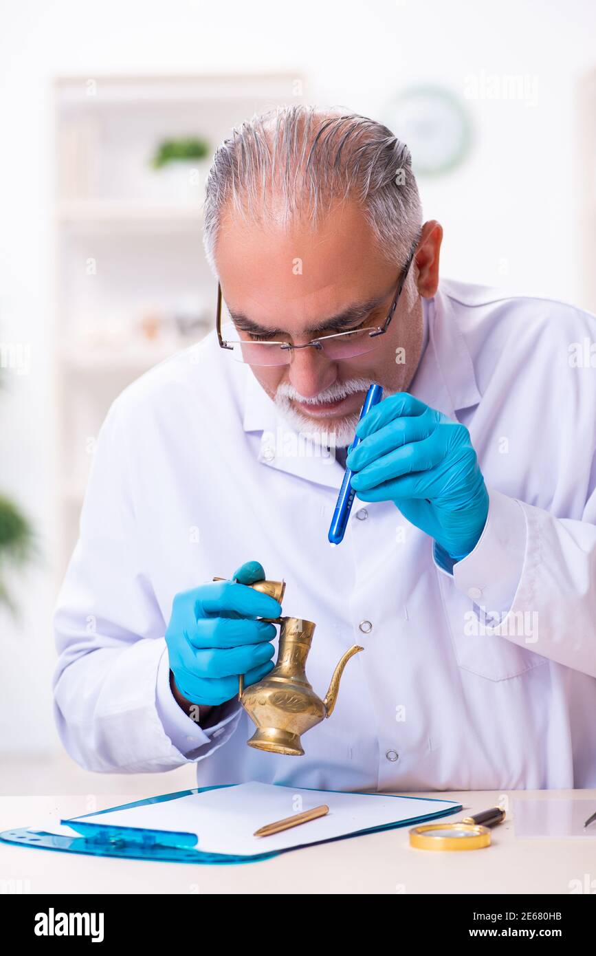 Old male archaeologist working in the lab Stock Photo - Alamy