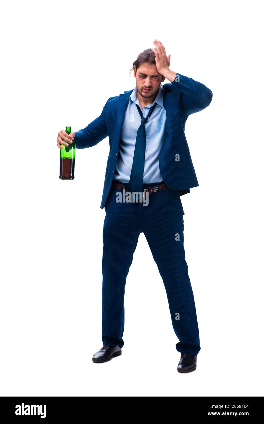 Young employee alcoholic isolated on white Stock Photo - Alamy