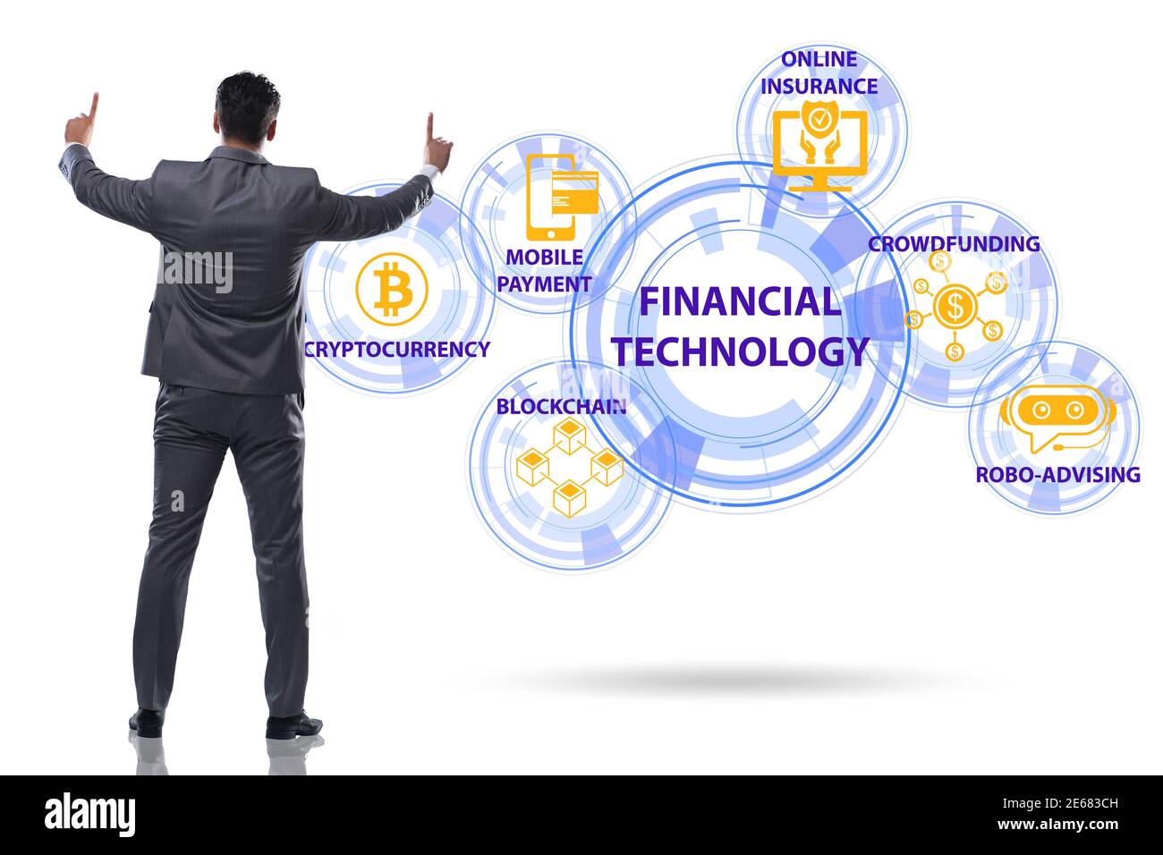 Financial technology concept with the businessman pressing button Stock ...