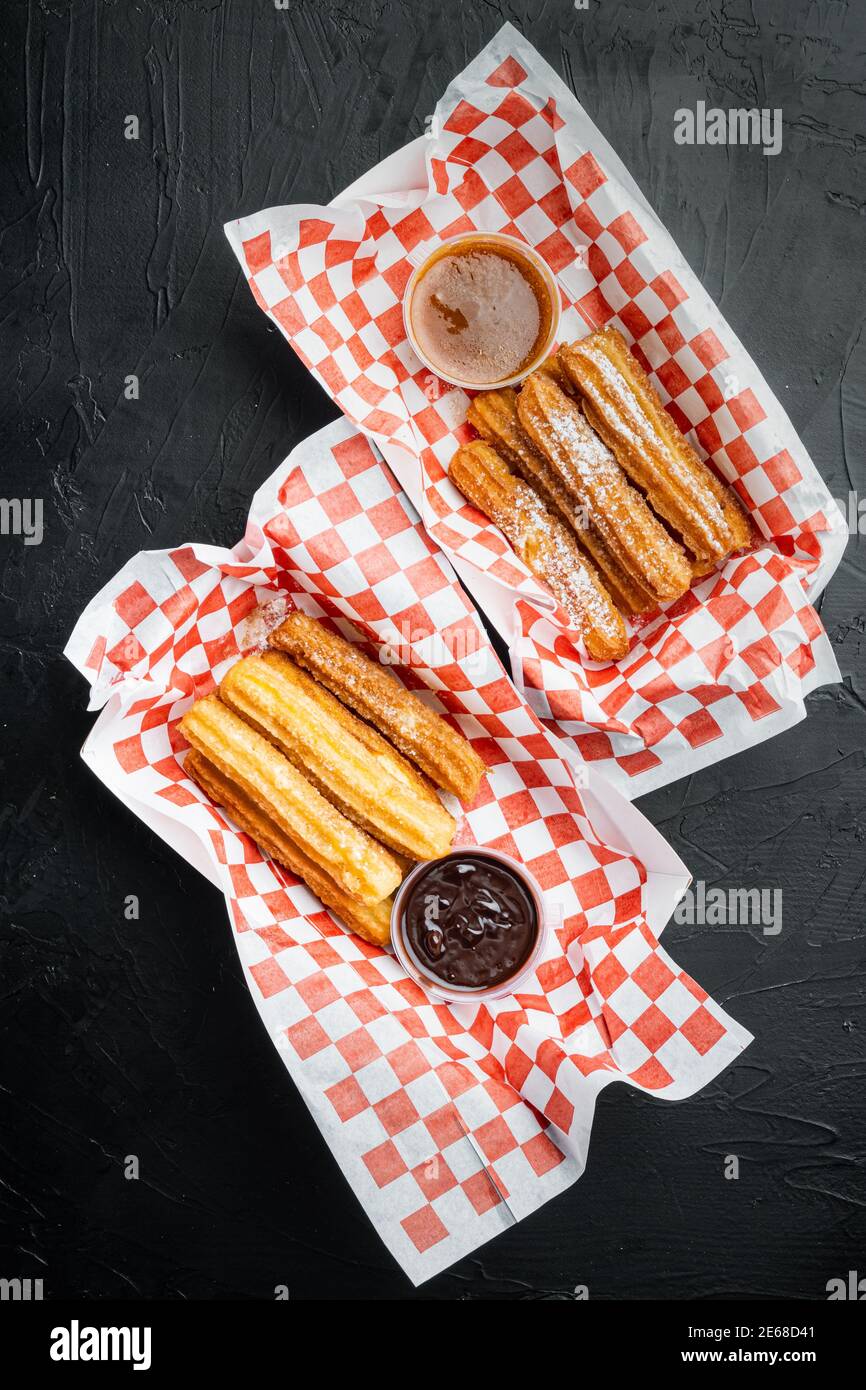 Churros take away set in paper tray, top view flat lay Stock Photo - Alamy