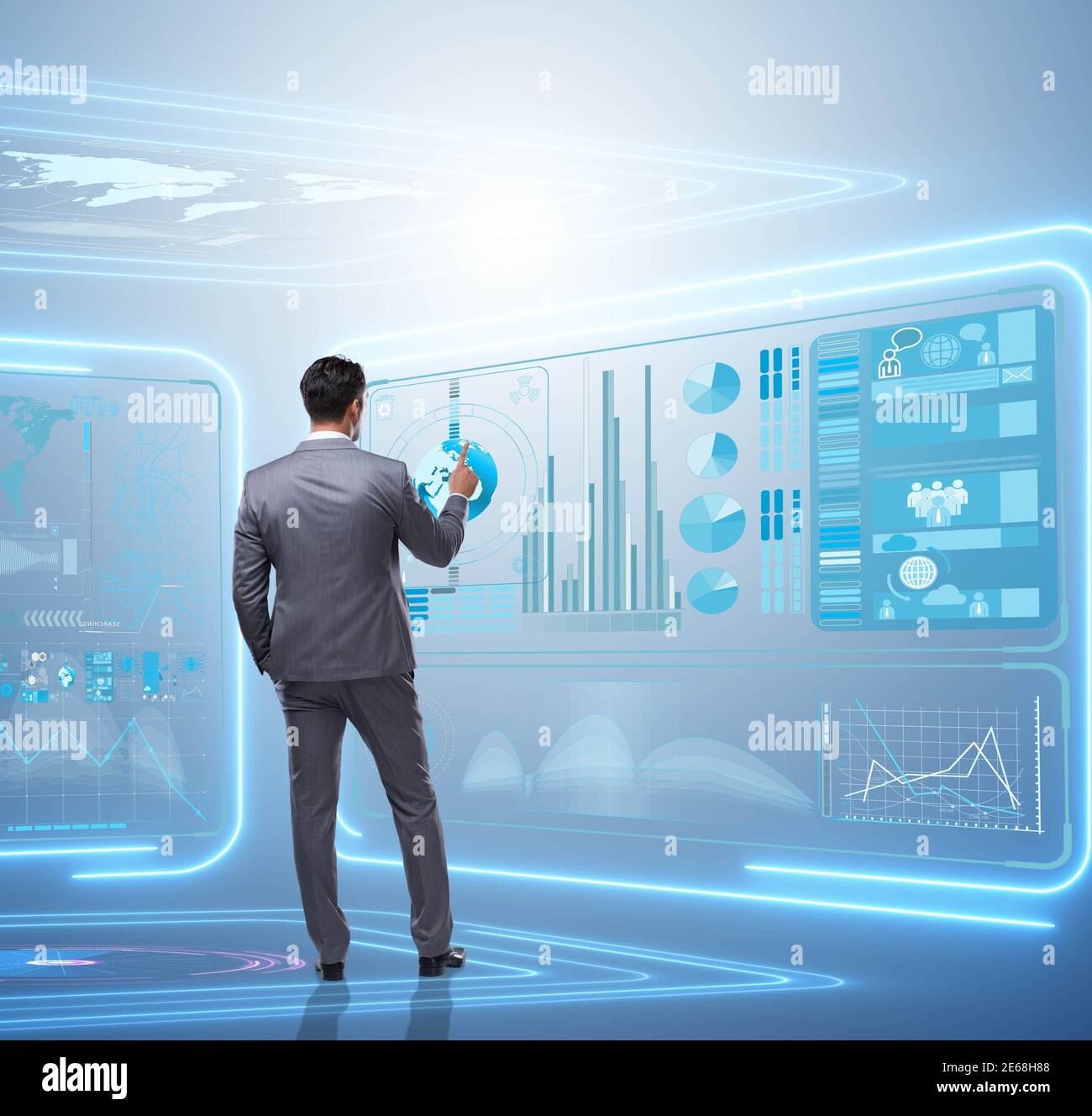 The man pressing virtual button in data mining concept Stock Photo - Alamy