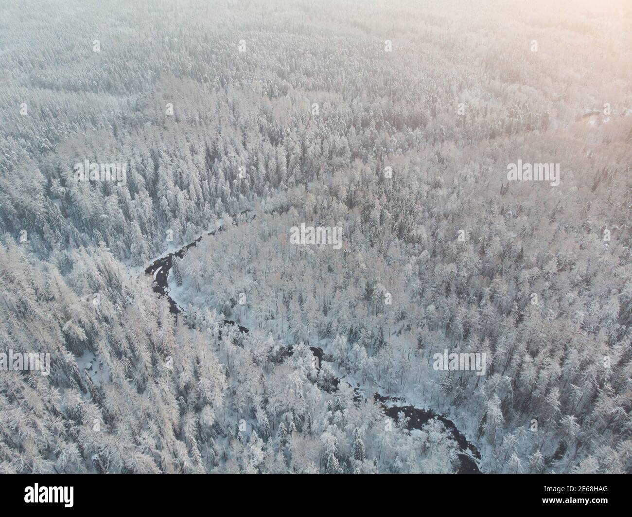 Winter snowy aerial landscape of forest with the river, Lapland ...