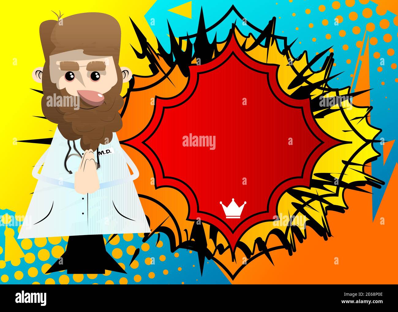 Funny cartoon doctor with praying hands. Health care worker talking to ...