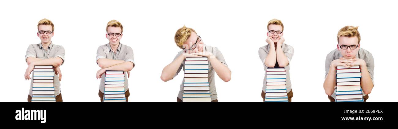 The funny student with stack of books Stock Photo - Alamy
