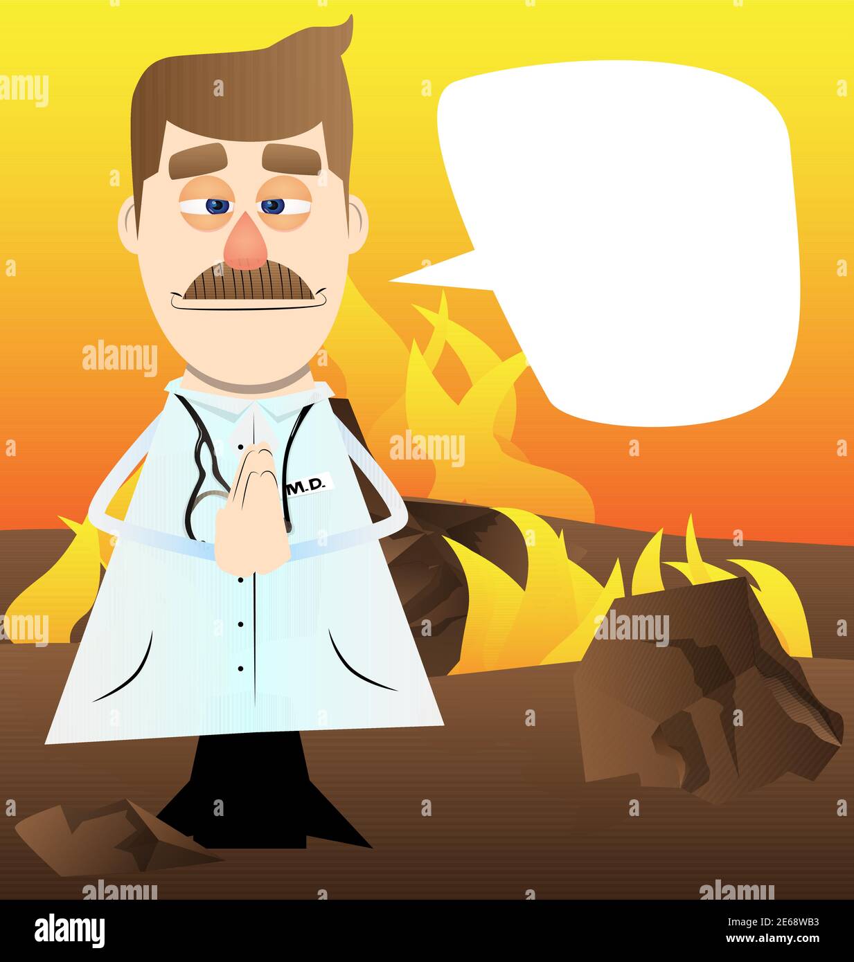 Funny cartoon doctor with praying hands. Health care worker talking to ...