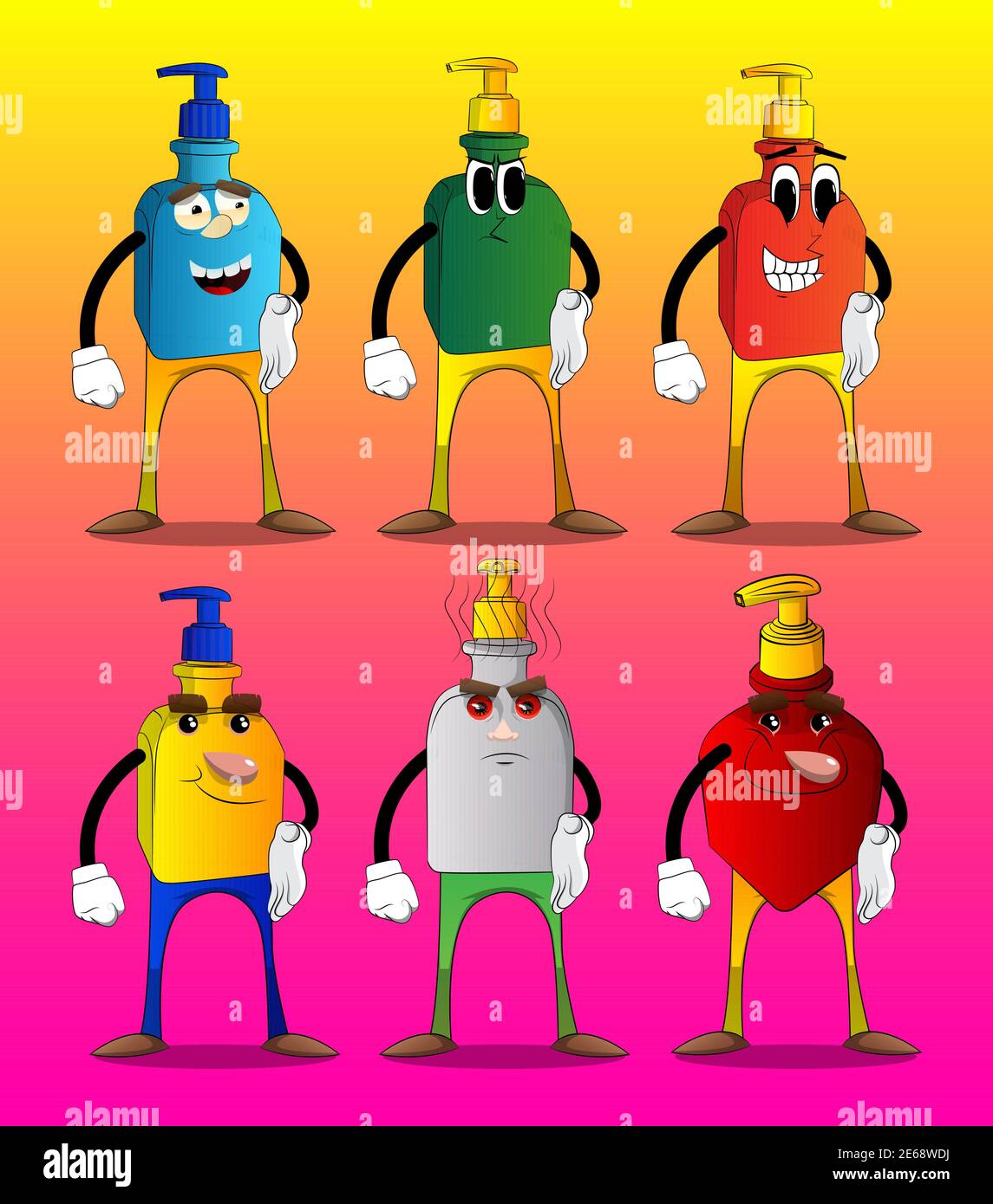 Cartoon bottle of hand sanitizer gel for hygiene with face giving a ...