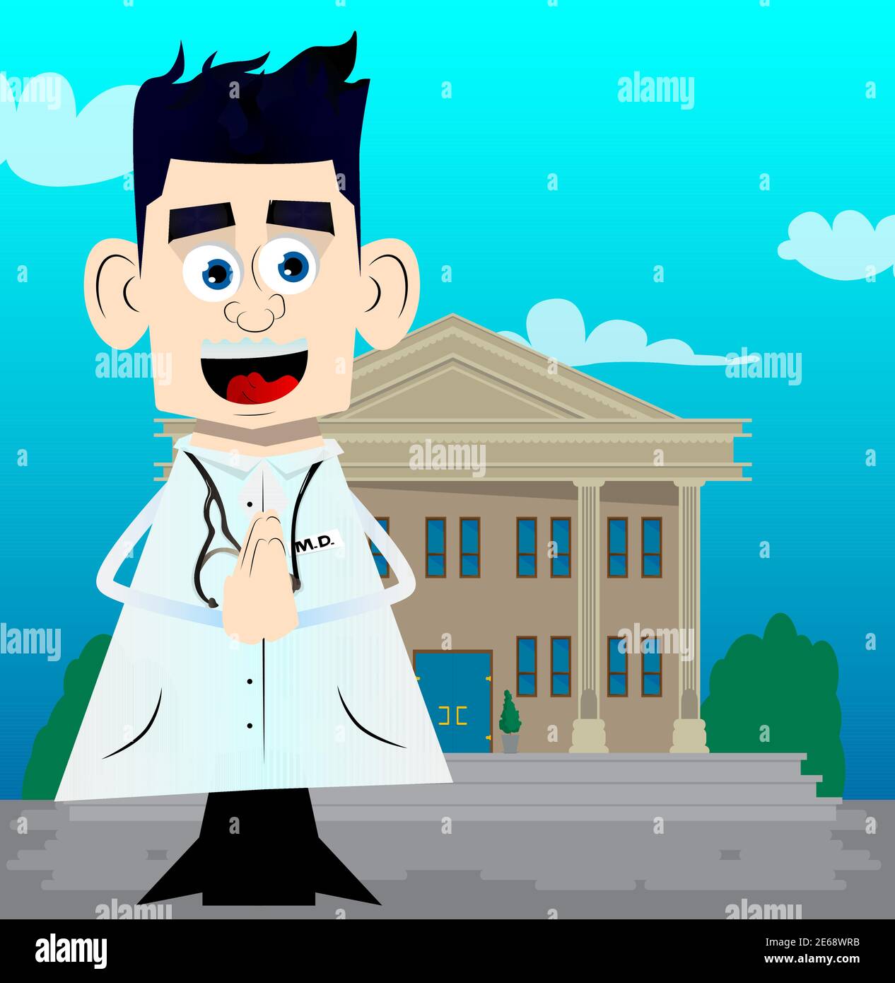 Funny cartoon doctor with praying hands. Health care worker talking to ...