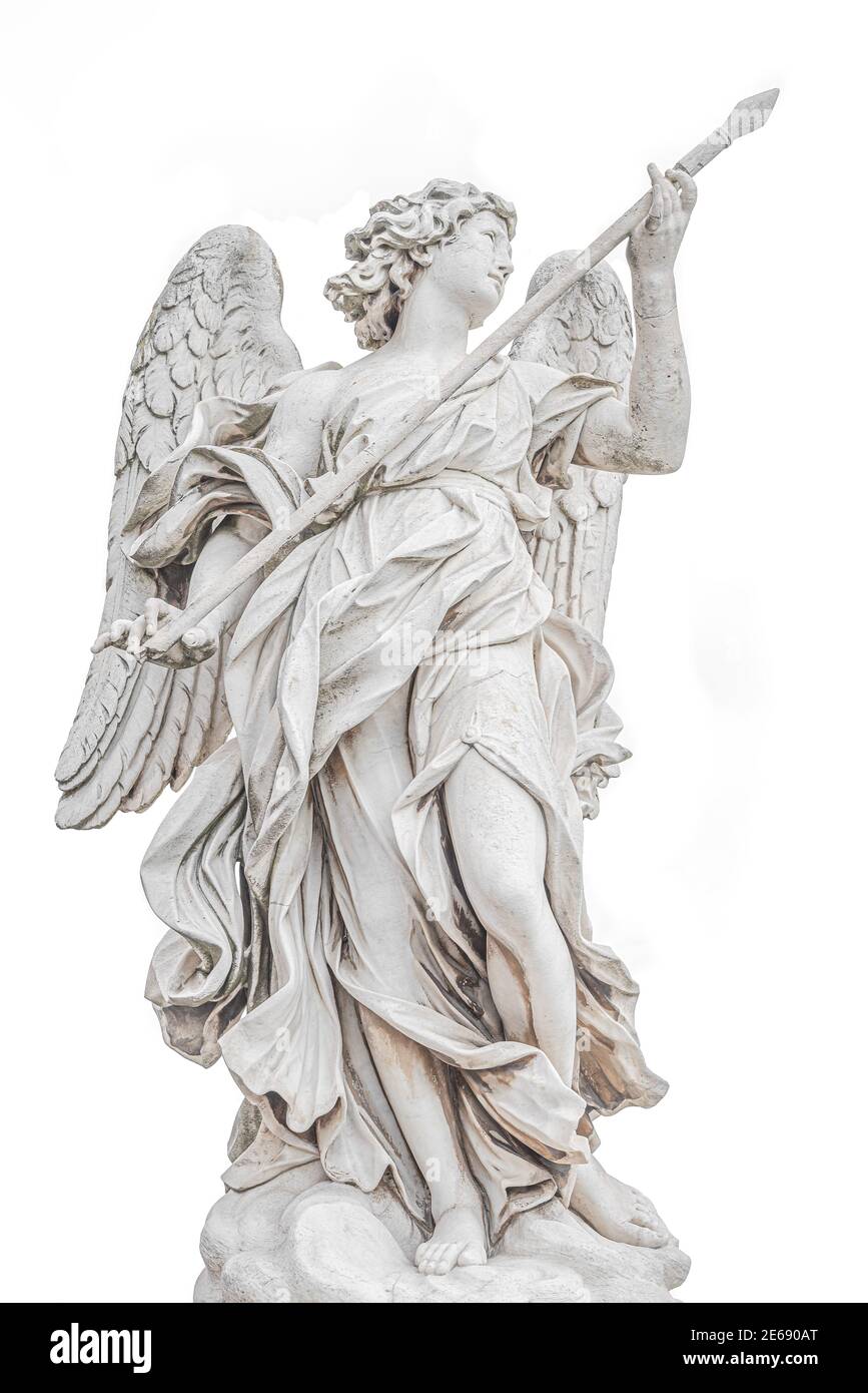 Statue of a beautiful holy angel with wings holding a war spear at the ...