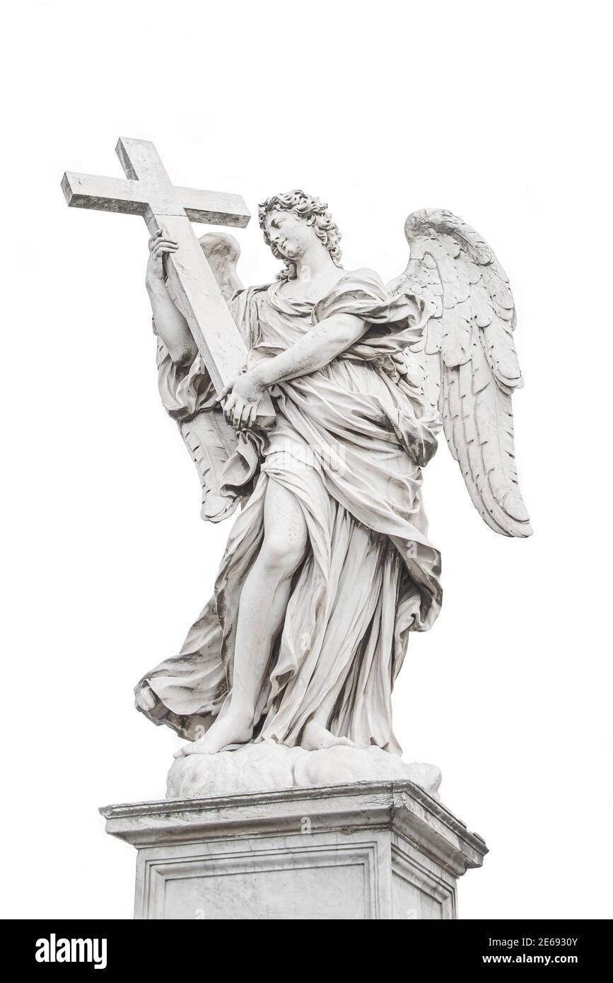 Statue of a beautiful holy angel with wings holding a huge heavy cross ...