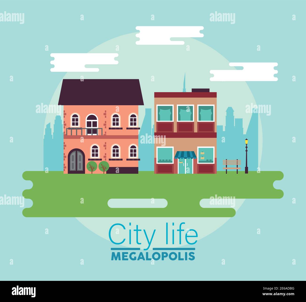 city life megalopolis lettering in cityscape scene buildings vector ...