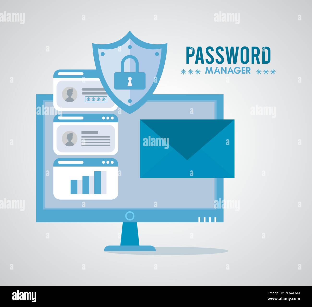 password manager theme with padlock in shield and desktop vector ...