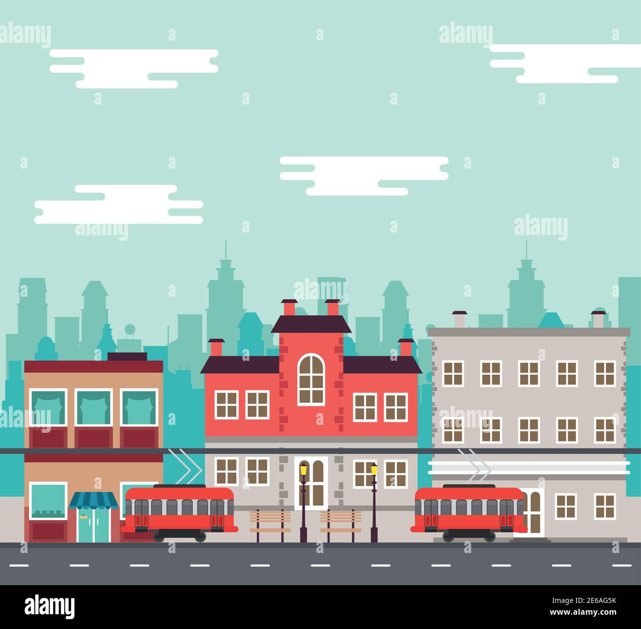 city life megalopolis cityscape scene with trolley cars and buildings ...