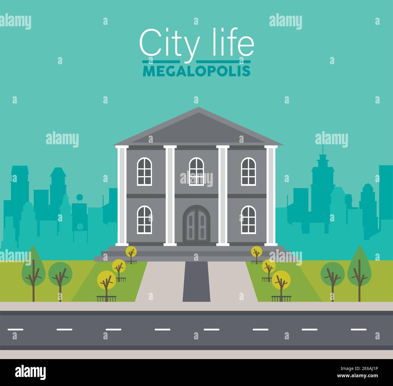 city life megalopolis lettering in cityscape scene with governmental ...