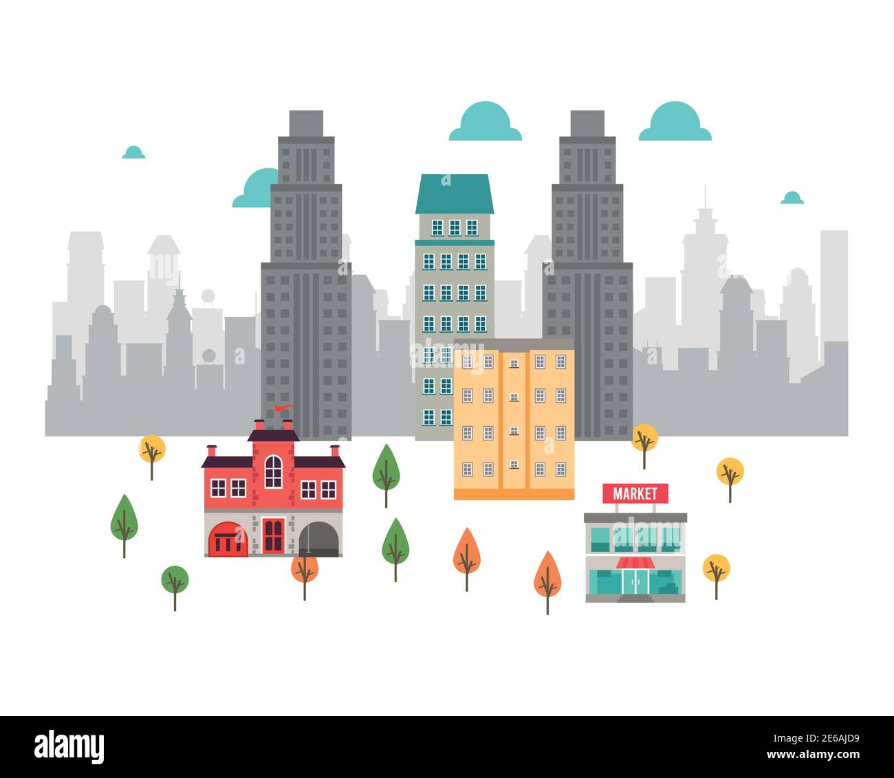city life megalopolis cityscape scene with market and skyscrapers ...