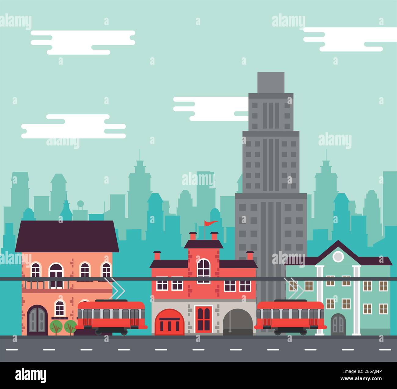 city life megalopolis cityscape scene with buildings and trolley cars ...
