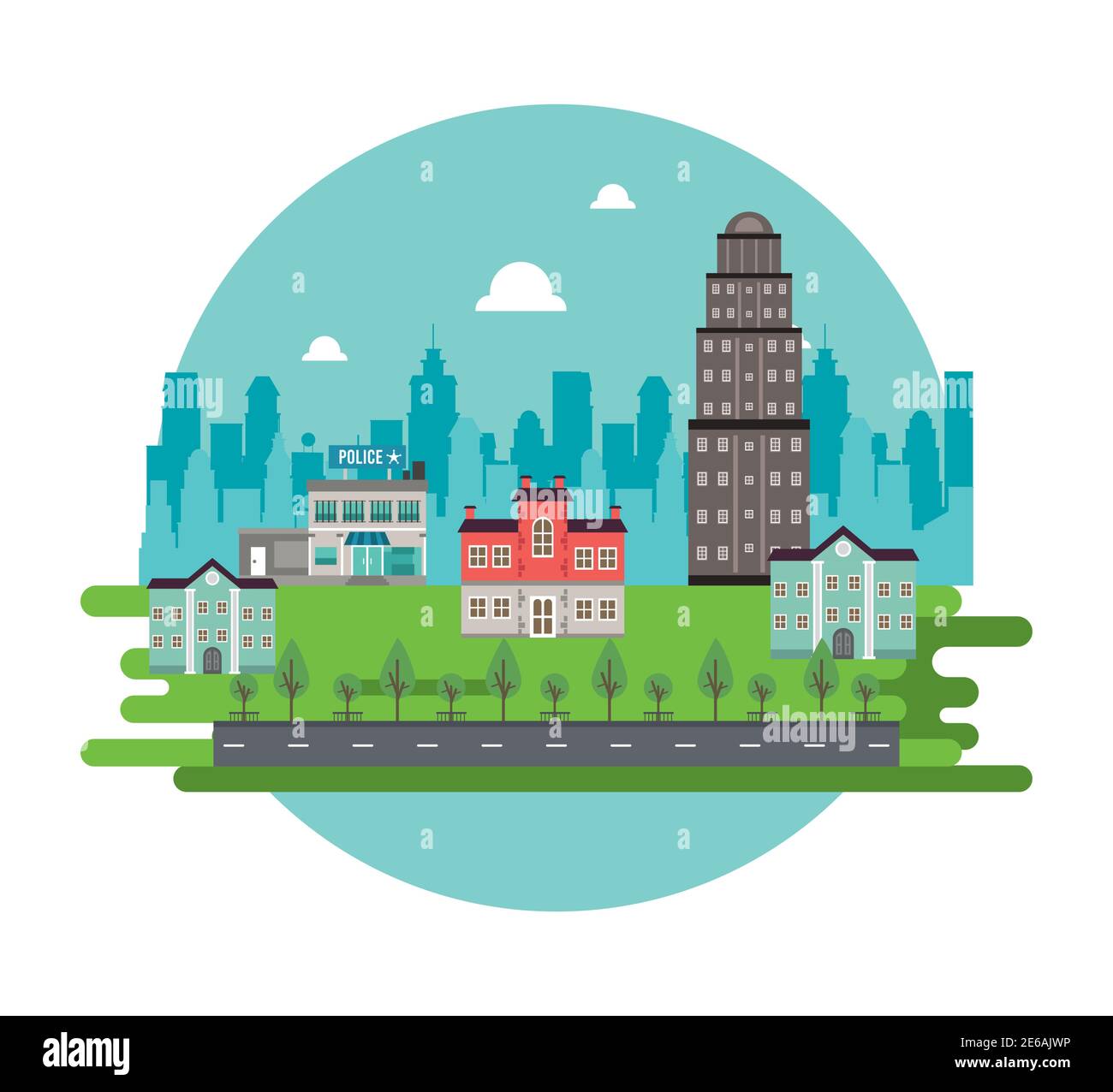 city life megalopolis cityscape scene with buildings and police station ...