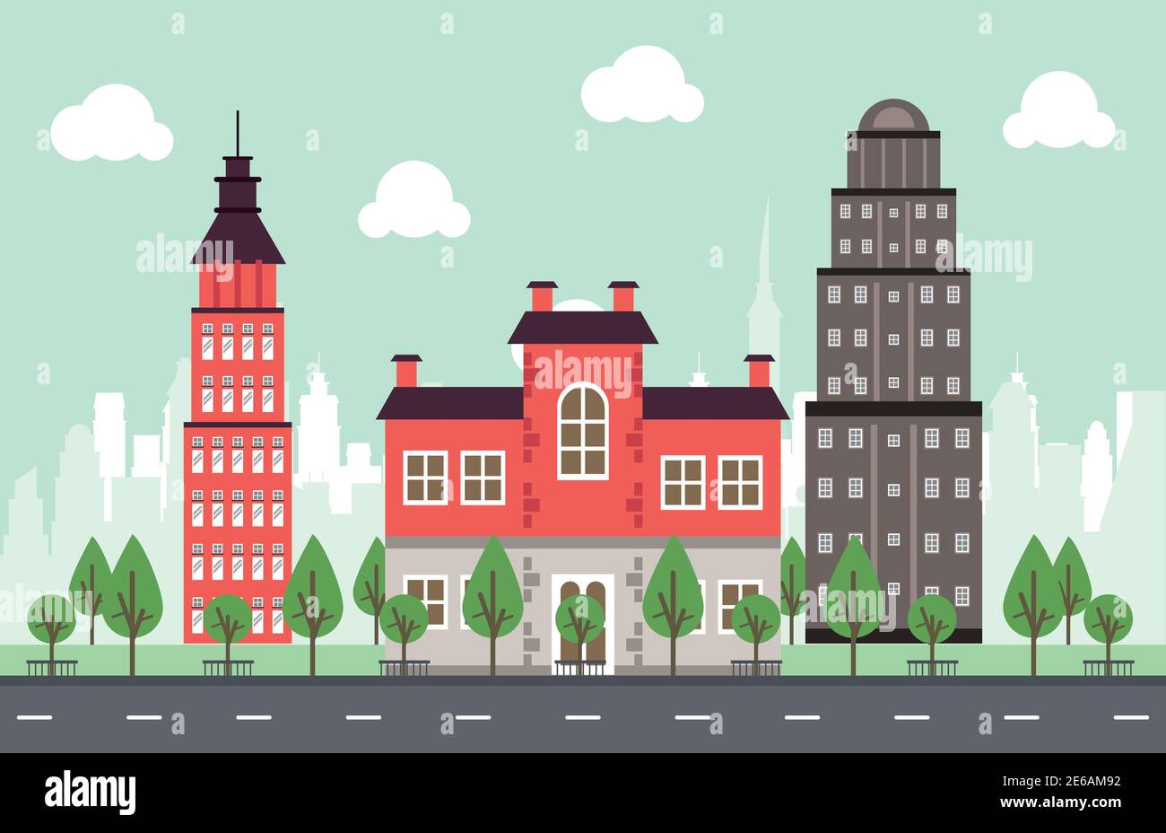 city life megalopolis cityscape scene with skyscrapers and trees vector ...