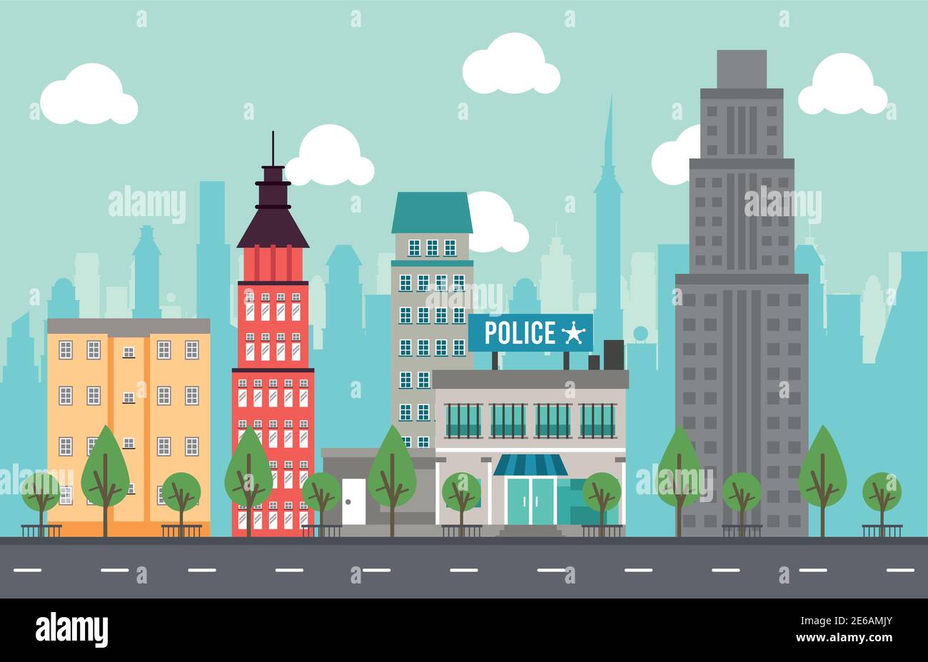 city life megalopolis cityscape scene with police station and ...