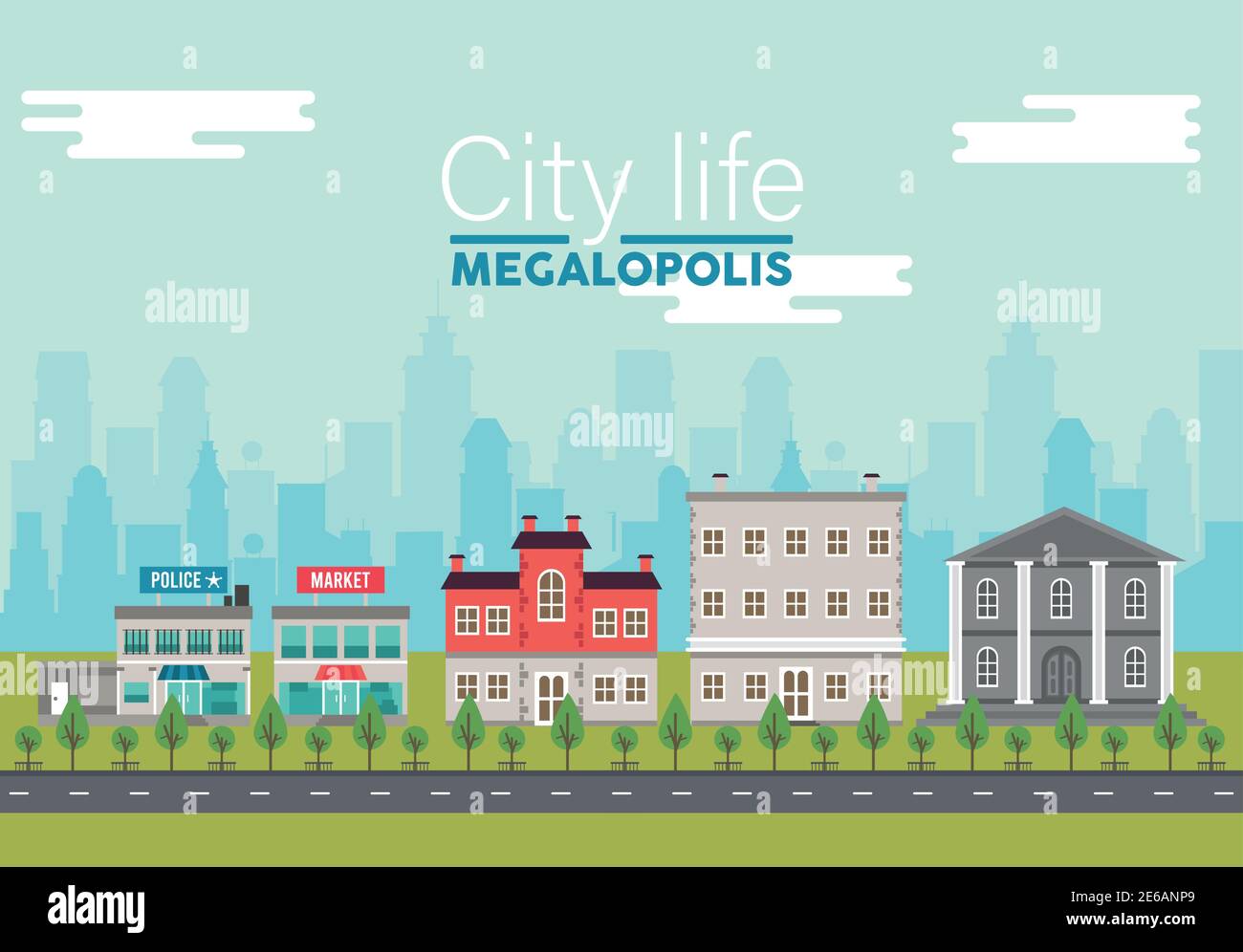 city life megalopolis lettering in cityscape scene with police station ...