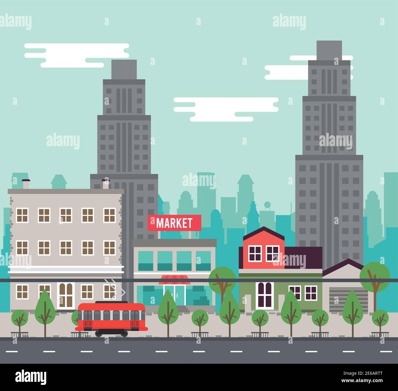 city life megalopolis cityscape scene with buildings and trolley car ...