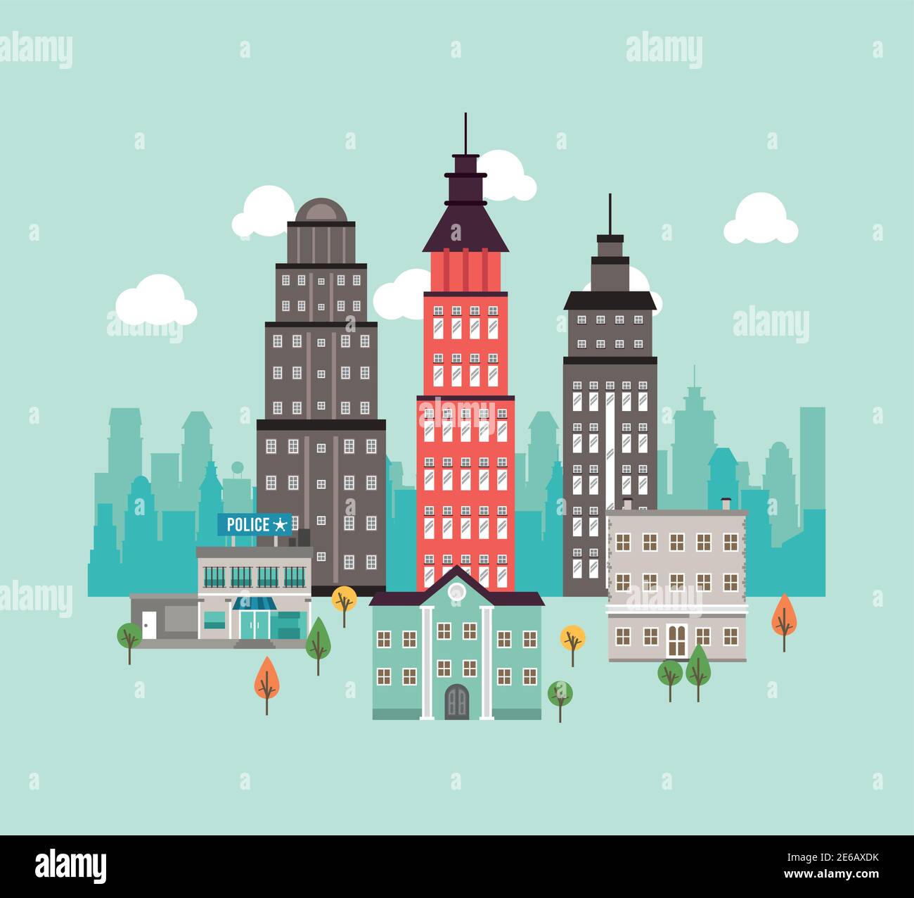 city life megalopolis cityscape scene with skyscrapers and police ...