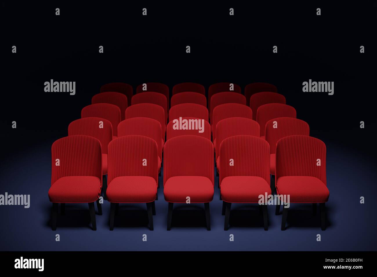 3D render the same rows of red cartoon soft chairs in the theater ...