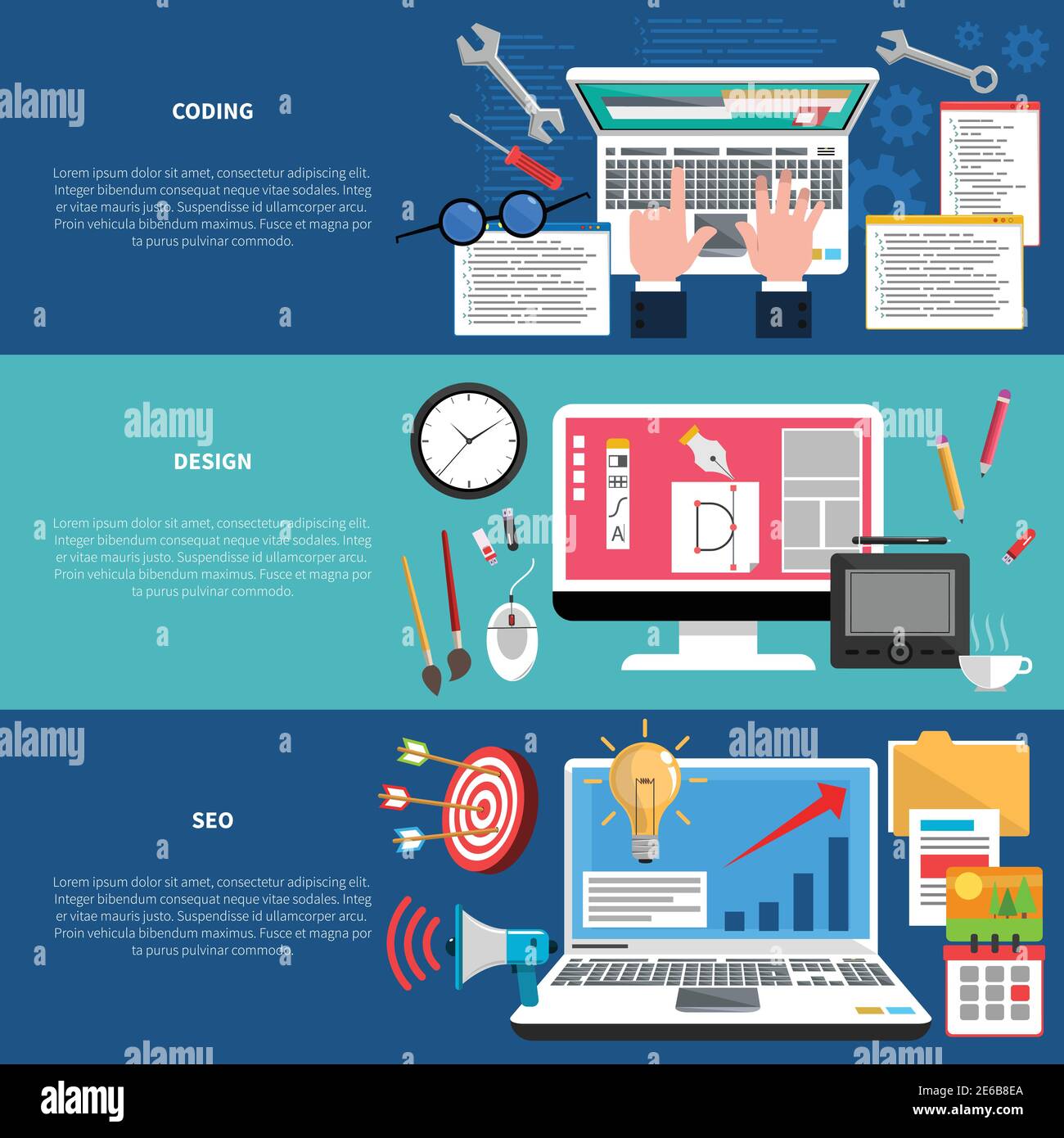 Web development horizontal banner set with coding seo and design ...