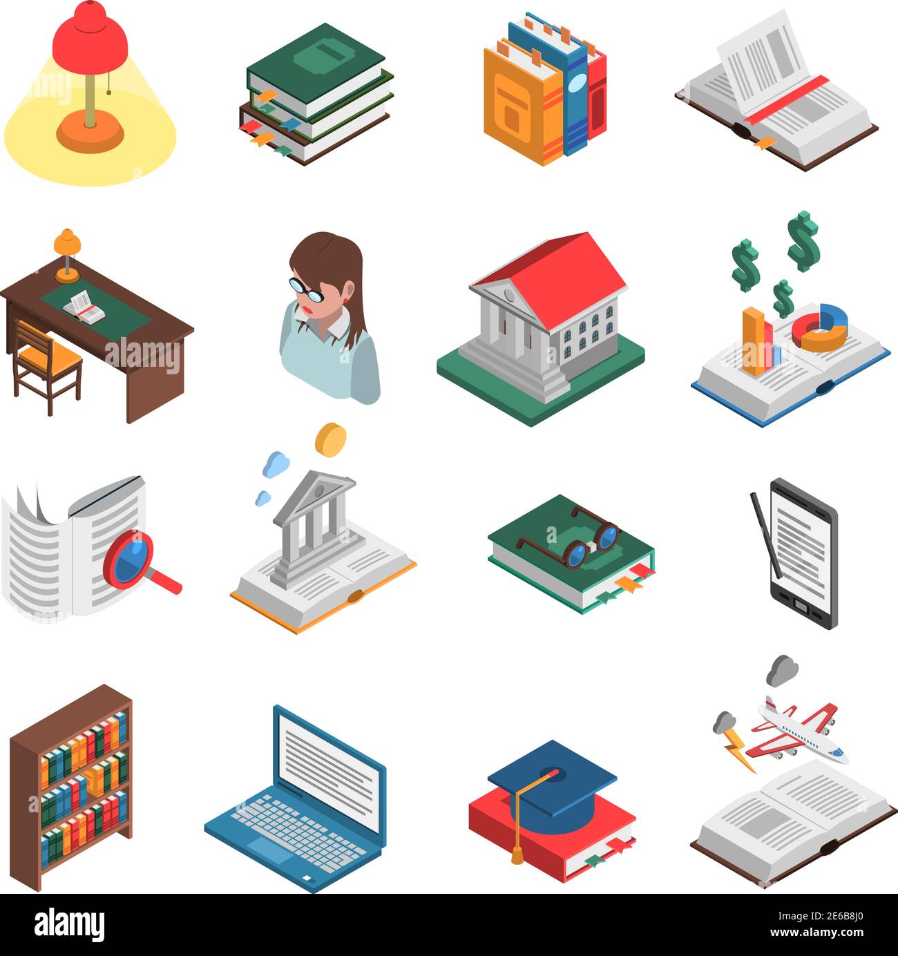 Books isometric icons set with library and bookshelf symbols isolated ...