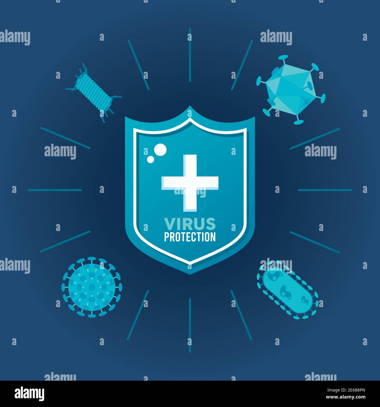 virus protection lettering in shield with particles and bacteriums ...