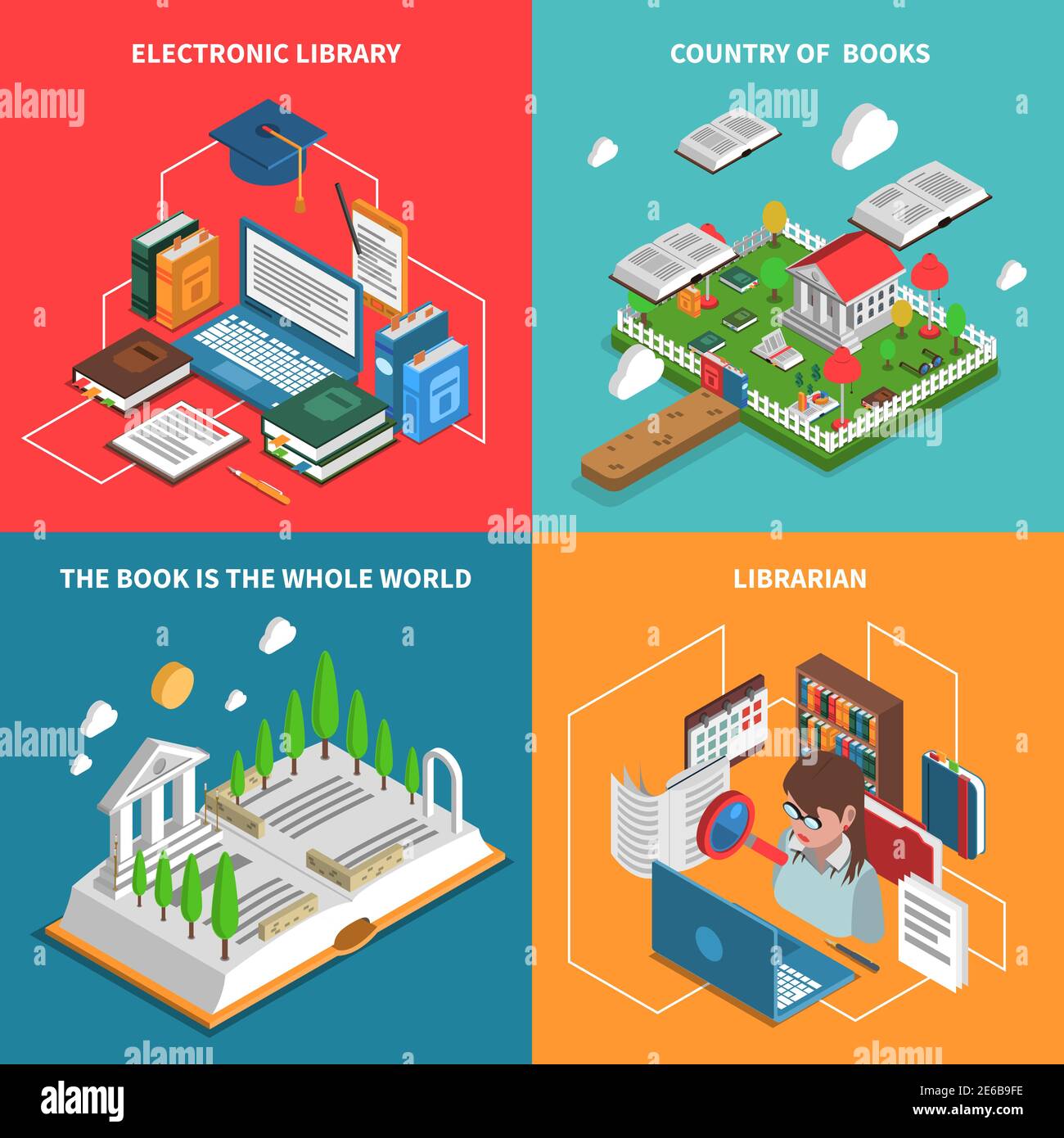 World of books concept isometric icons set with electronic library and ...