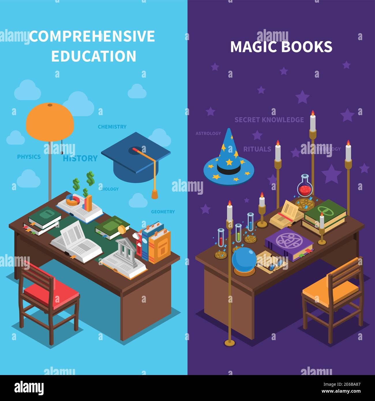 Books and education vertical isometric banners set with magic books ...