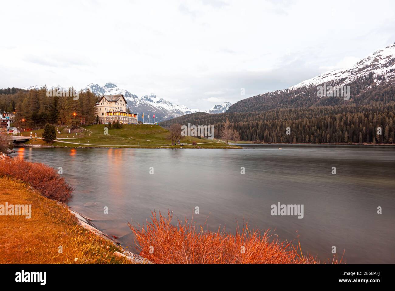 Wide angle image of the ski resort town of St. Moritz Switzerland ...