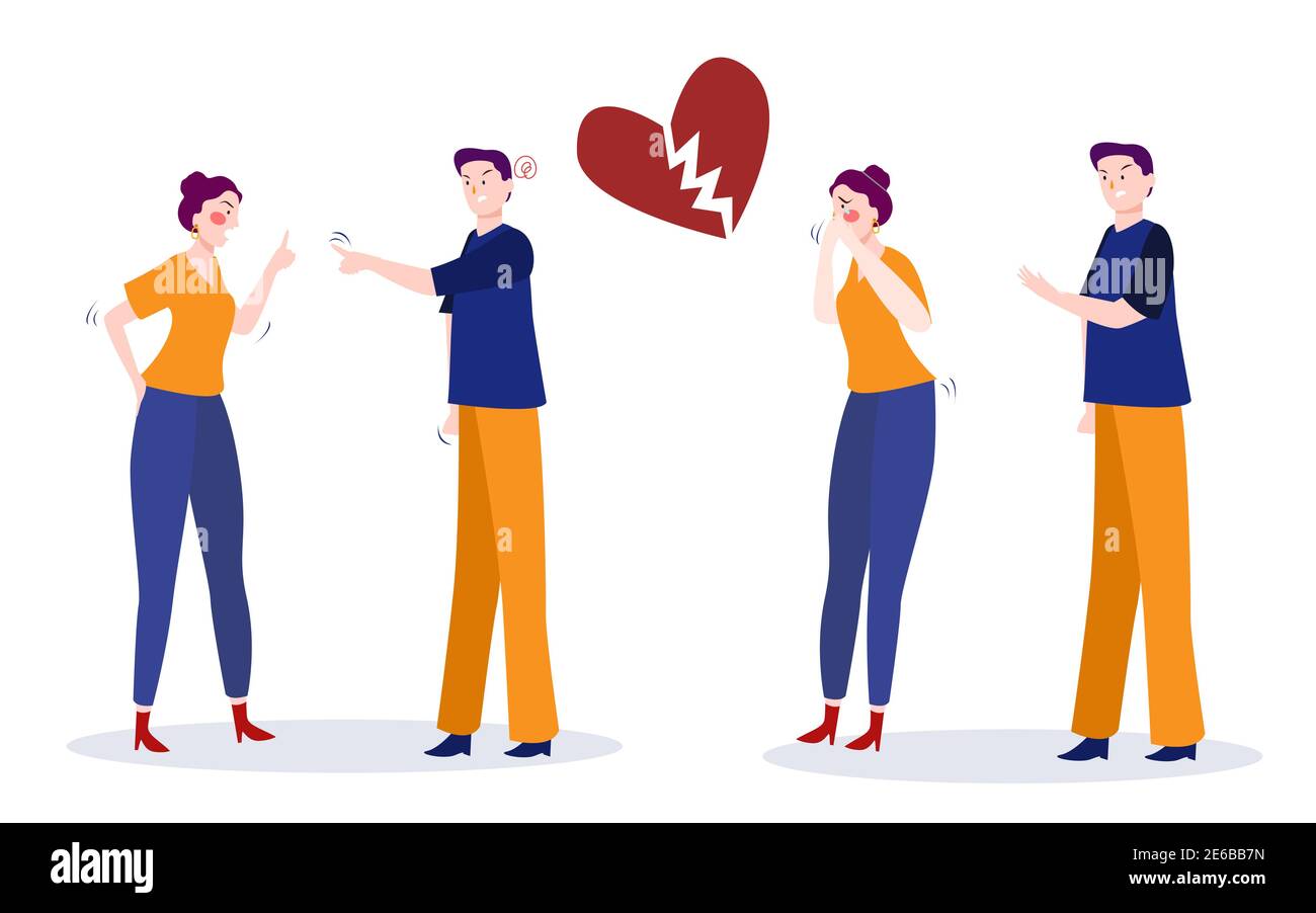 couple angry dispute women cry around broken heart white isolated ...