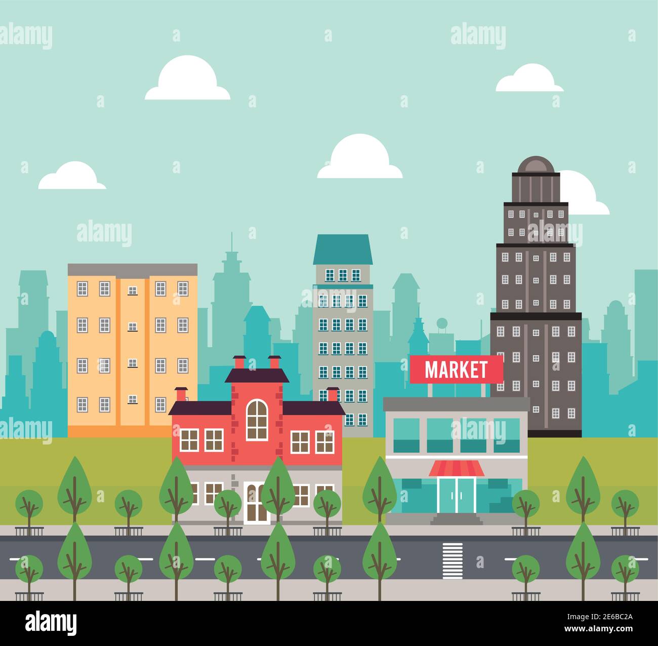 city life megalopolis cityscape scene with market and trees vector ...