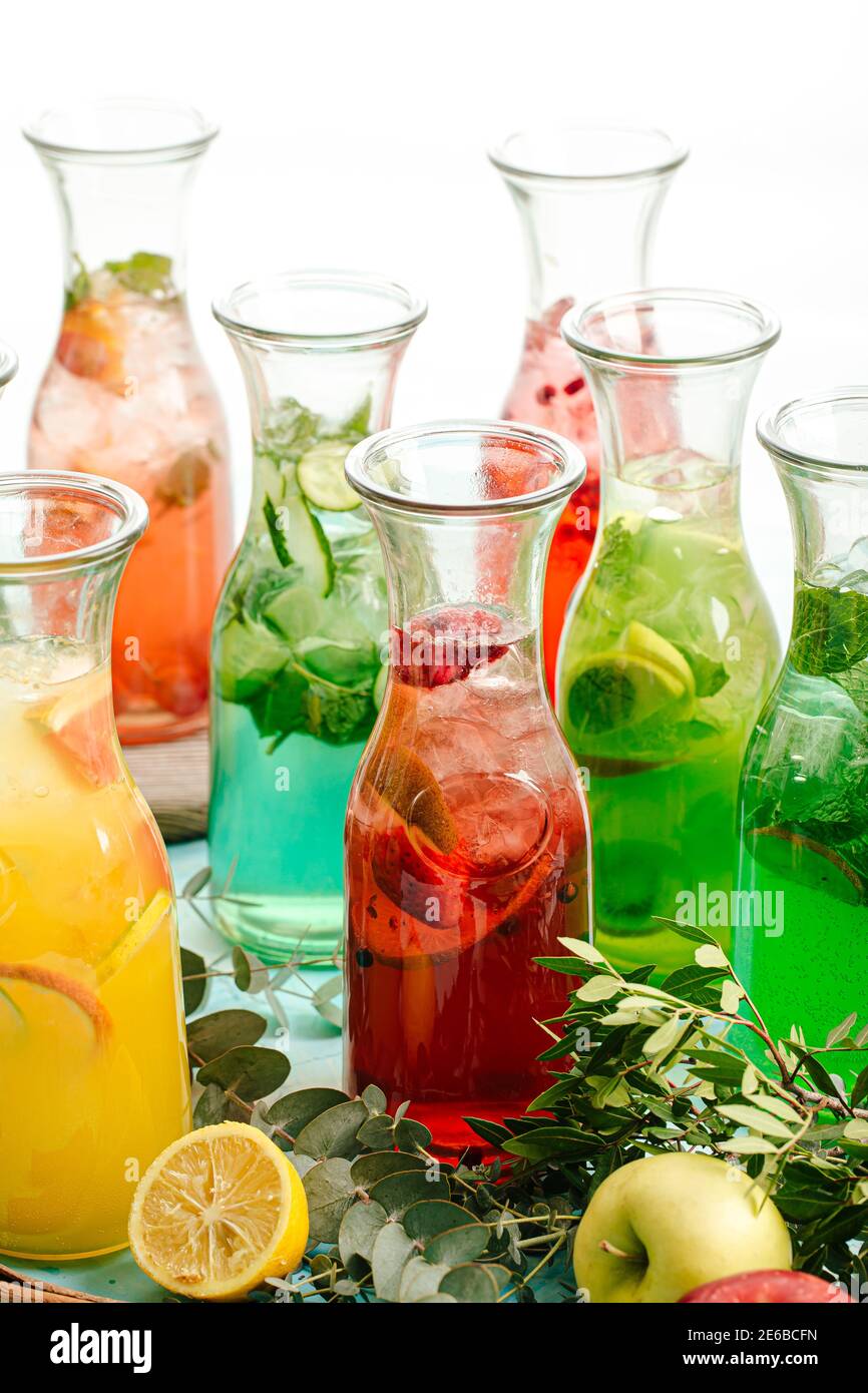 Side view on assorted fresh fruit lemonades Stock Photo - Alamy