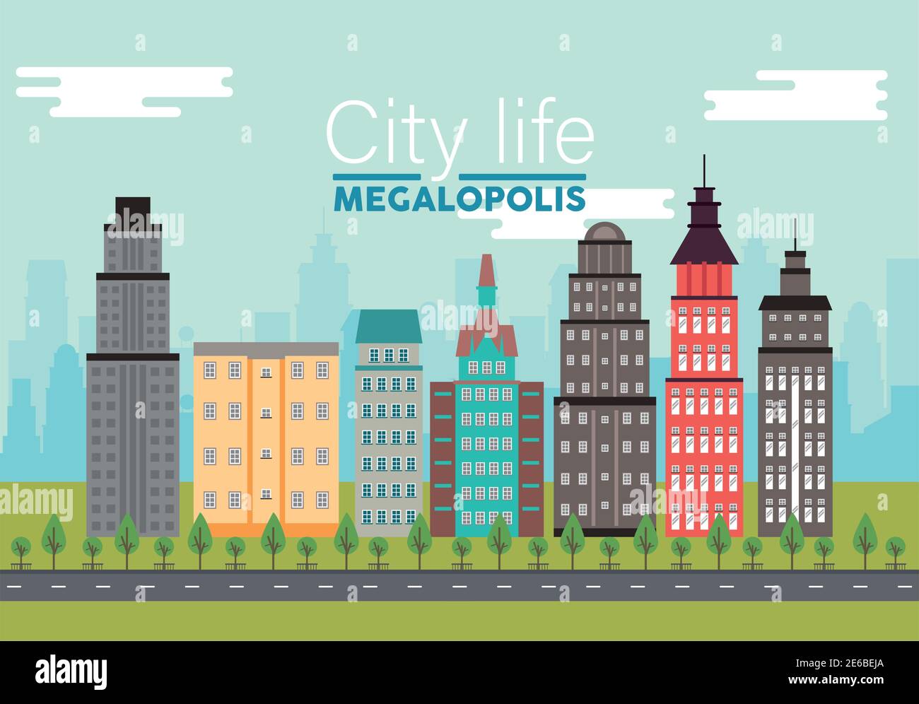 city life megalopolis lettering in cityscape scene with skyscrapers ...