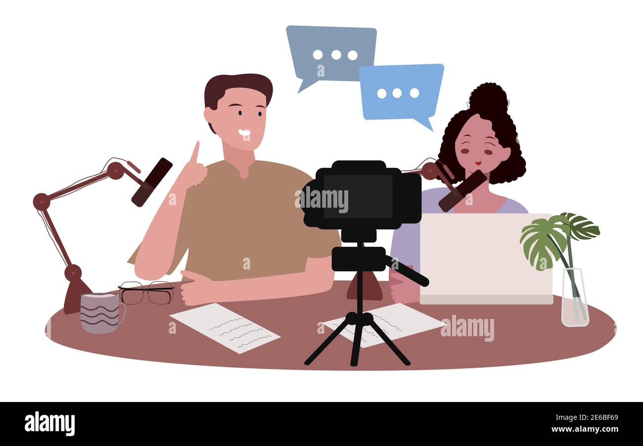 men and women collaboration in podcast video discussion front camera ...