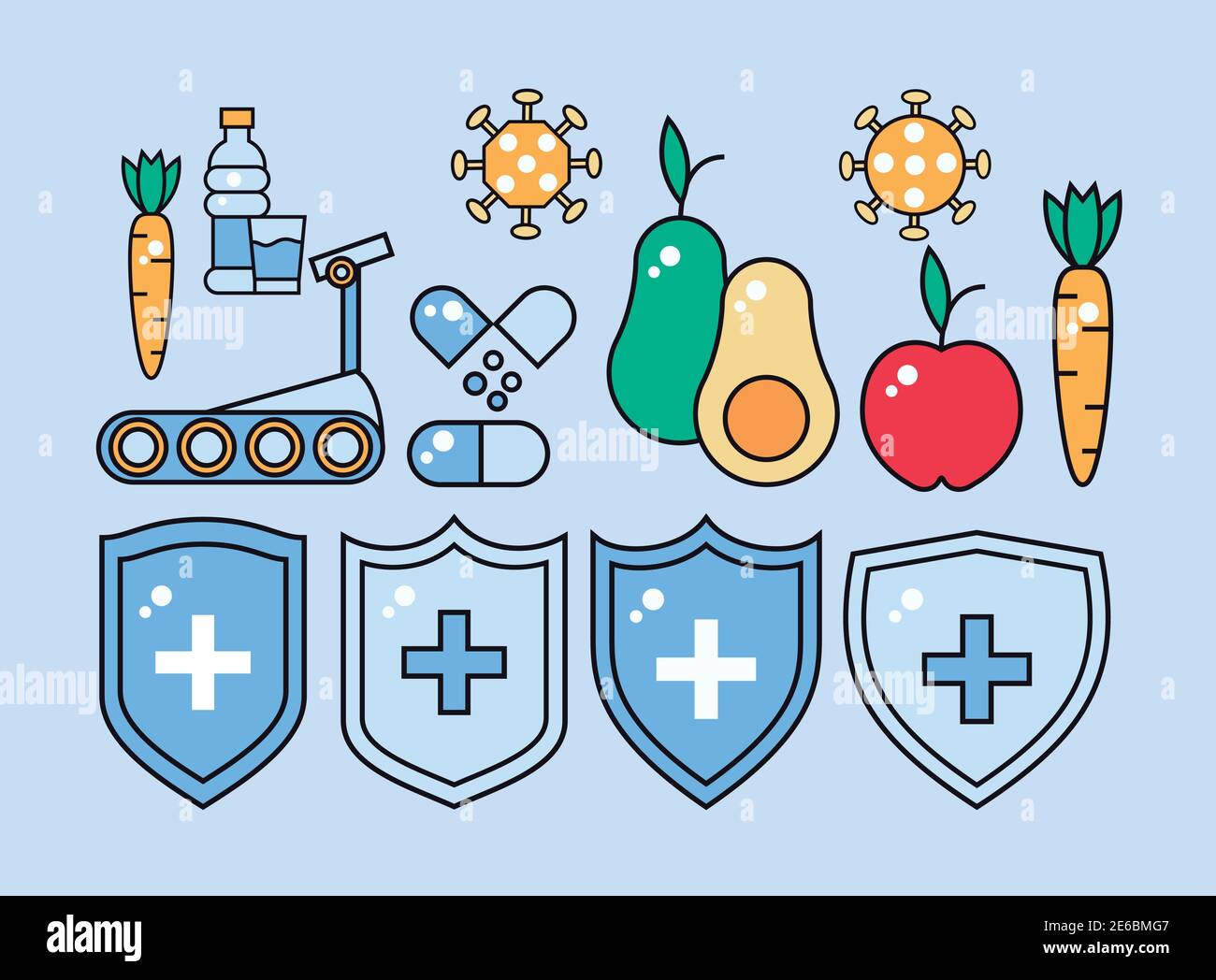 inmune system booster shields with healthy food and set icons vector ...