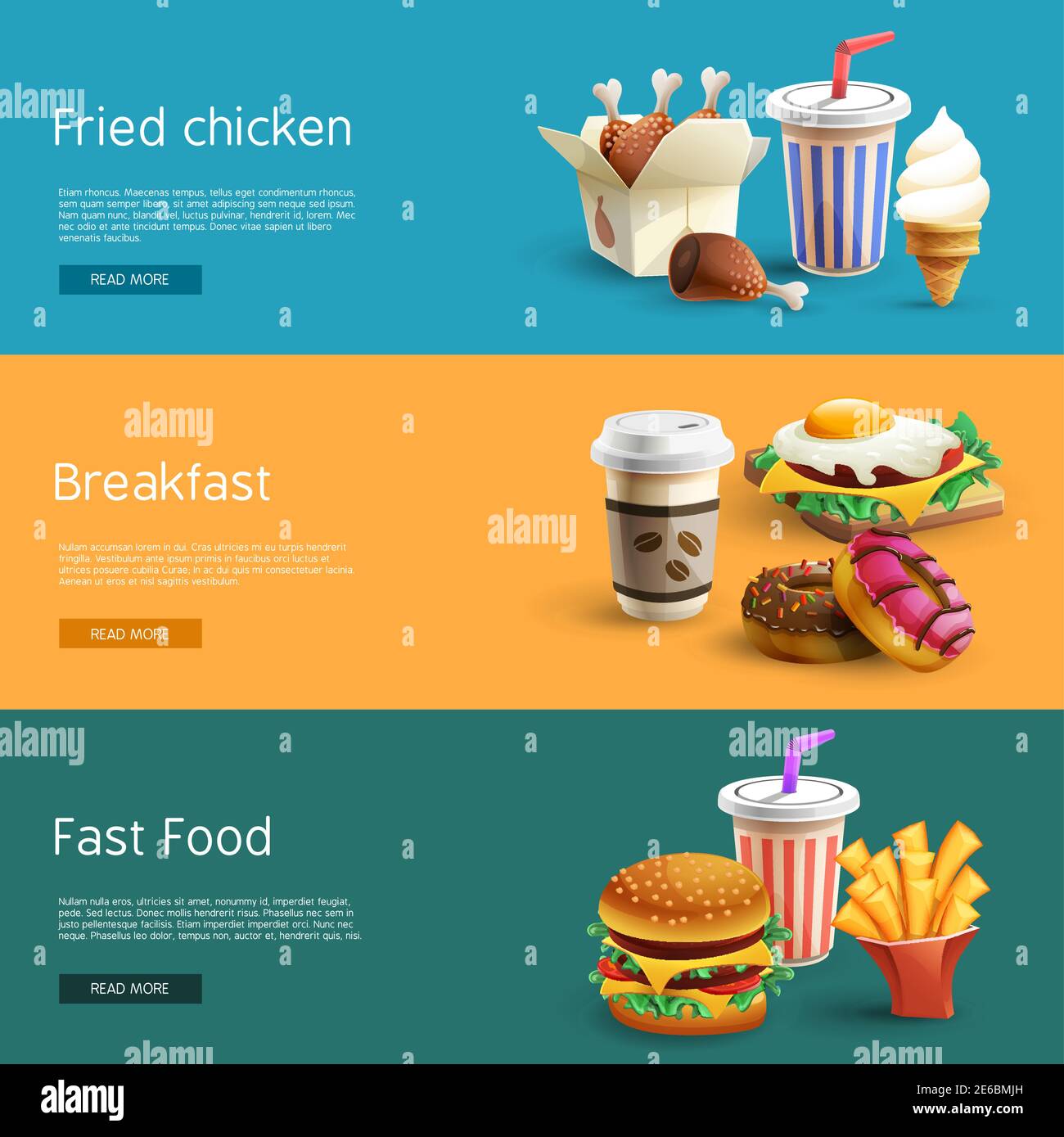 Fast food choice options online information 3 horizontal banners set ...
