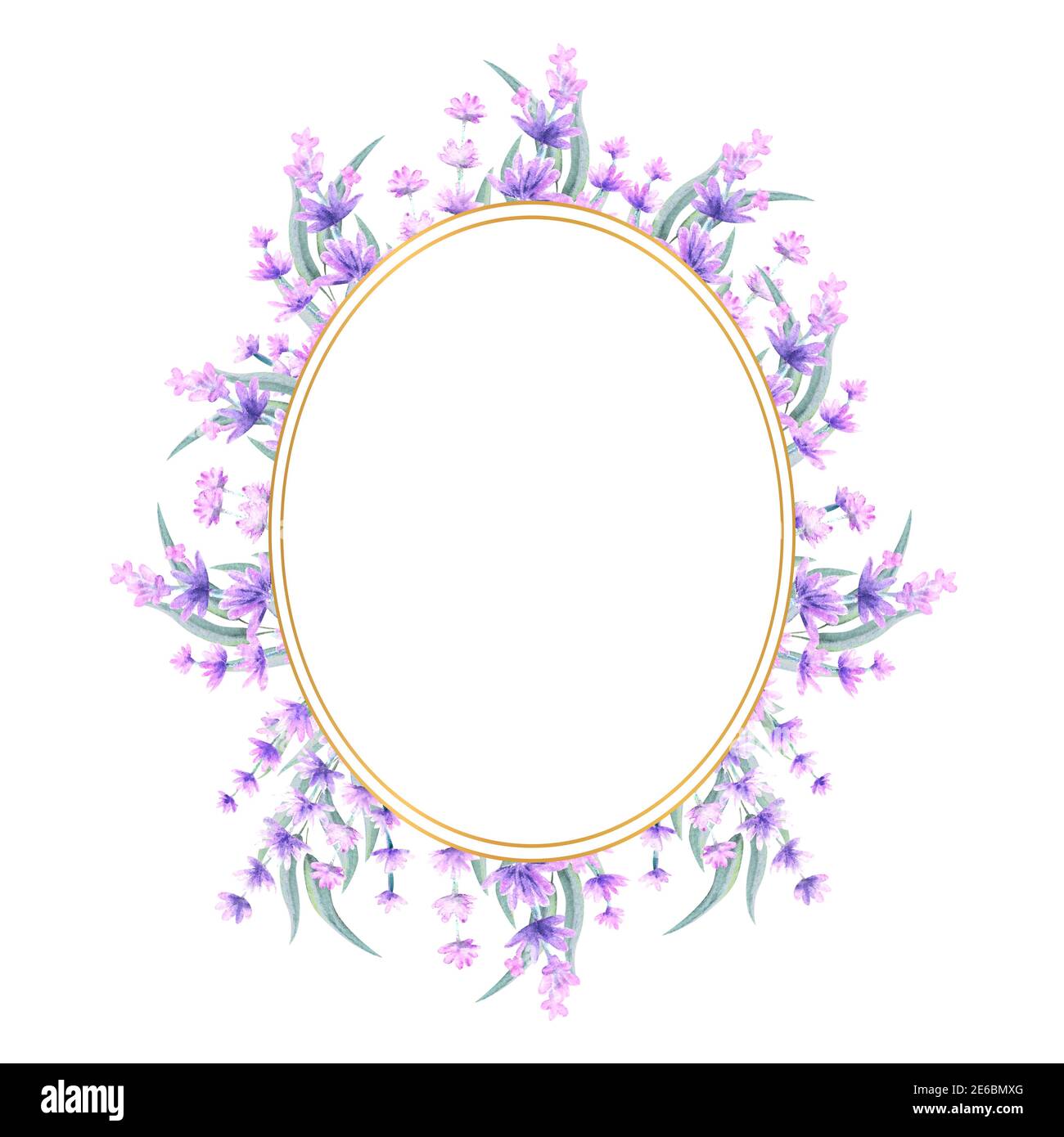 Lavender flowers in a oval gold frame. Hand-drawn watercolor ...