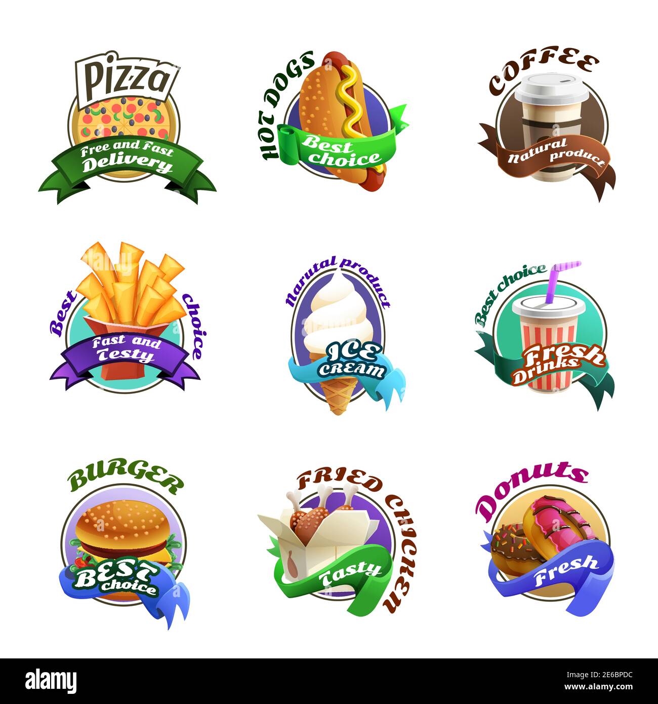 Fast food restaurants colorful cartoon style emblems stickers set with ...