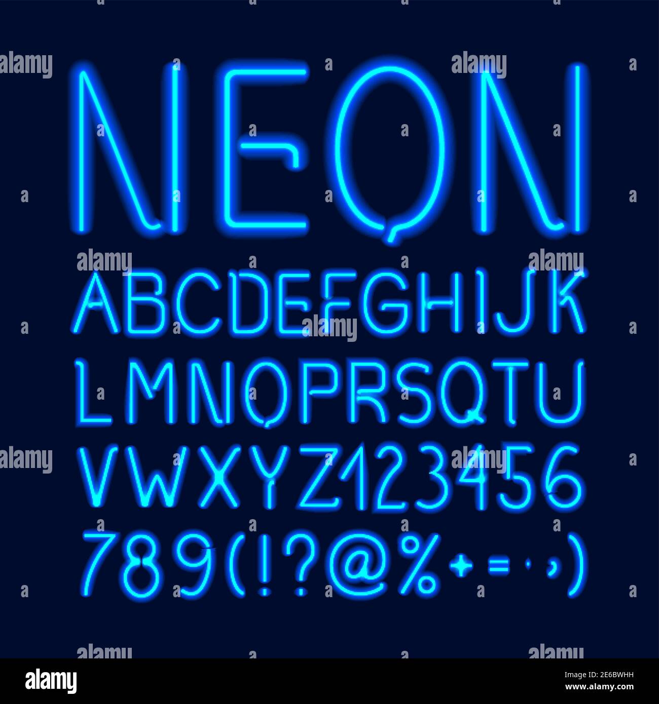 Neon glow alphabet with blue letters numbers and symbols isolated on ...